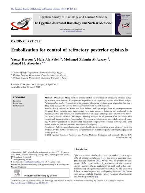 Pdf Embolization For Control Of Refractory Posterior Epistaxis