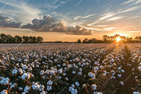 Premium Photo Cotton Field Sunset Glow Dramatic Sky Over A Cotton