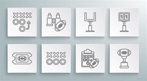 세트 라인 미식 축구 티켓 쌍안경과 미식 축구 계획 전략 개념 수상 컵 골 포스트 스포츠 기계 점수 판 결과 표시 및 아이콘 벡터 전략에 대한 스톡 벡터 아트 및 기타