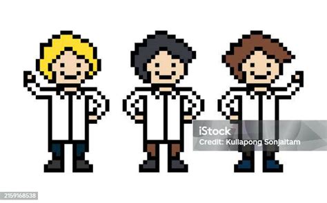 귀여운 픽셀 만화 8 비트 캐릭터 남자 의사 또는 과학자 게임 케어 장식 약사 남성 의사 병원 8 비트 남성 픽셀 아트 벡터의 세트 3 명에 대한 스톡 벡터 아트 및 기타