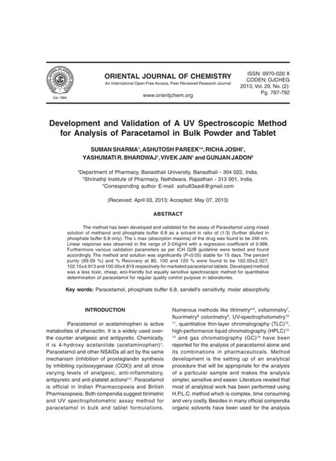 Pdf Development And Validation Of A Uv Spectroscopic Method For Analysis Of Paracetamol In