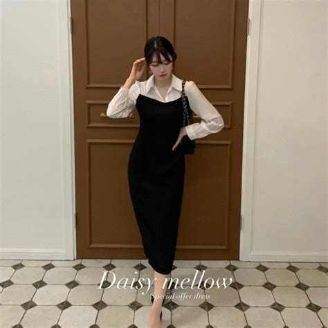 고급미단아 하객룩 Ss 배색 카라 뒷트임 퍼프 리본원피스 롱원피스 데이트룩 하객룩 에이블리