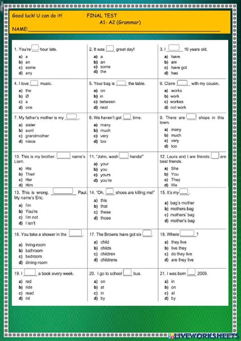 English Test A1 A2 Worksheet Artofit
