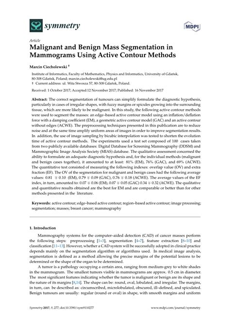 pdf malignant and benign mass segmentation in mammograms using active