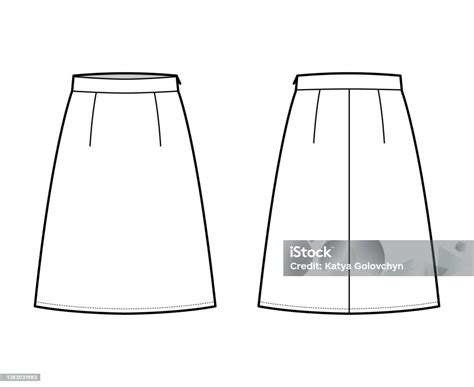 스커트 A 라인 풀림 기술 패션 일러스트 와 무릎 길이 실루엣 얇은 허리 밴드 플랫 바닥 템플릿 0명에 대한 스톡 벡터 아트 및 기타 이미지 Istock