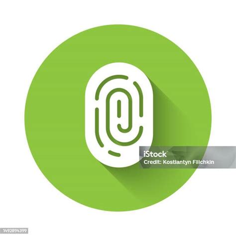 긴 그림자로 격리된 흰색 지문 아이콘입니다 Id 앱 아이콘입니다 식별 기호 터치 Id 녹색 원 버튼입니다 벡터 개성 개념에 대한