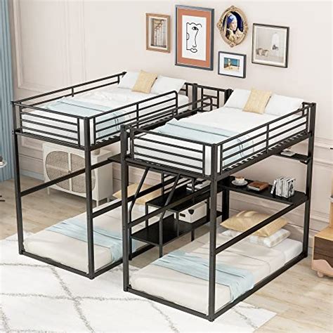 Polibi Double Twin Over Twin Bunk Bed Metal Loft Bed Frame With Desk Shelves And Storage