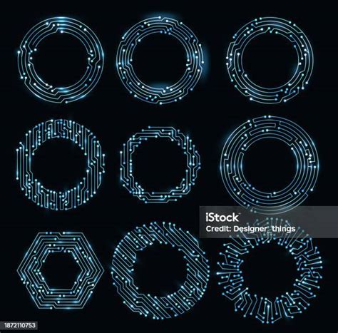 회로 기판 원형 프레임 추상적인 디지털 방식으로 둥근 구조 기계설비 널 및 전자 어미판 본 벡터 세트 프로그래밍 과학 컴퓨터