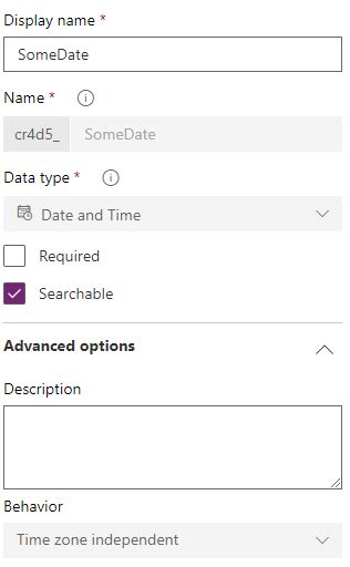 cds time zone independent date time fields not available in powerapps