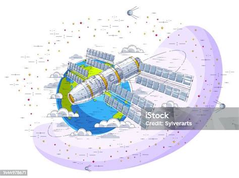지구 주위에 궤도 우주 비행을 비행 우주 정거장 우주선 우주선은 태양 전지 패널 인공 위성 별과 다른 요소에 둘러싸여있다 가는