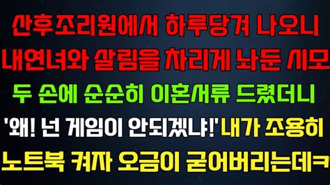반전 신청사연 산후조리원서 나오니 내연녀와 살림차리게둔 시모 순순히 이혼서류 드리자왜넌 게임이 안되겠냐조용히 노트북켜니 오금이굳는데라디오드라마사연실화사연의