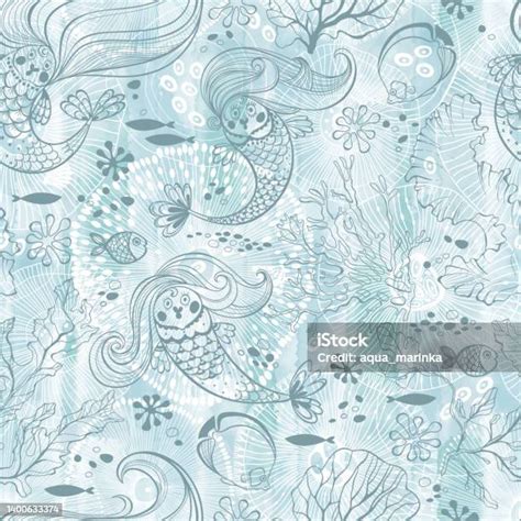 해저 세계 인어와 만화 원활한 패턴 파란색 수채화 배경에 벡터 일러스트레이션입니다 디자인 템플릿 벽지 포장 직물 및 섬유에