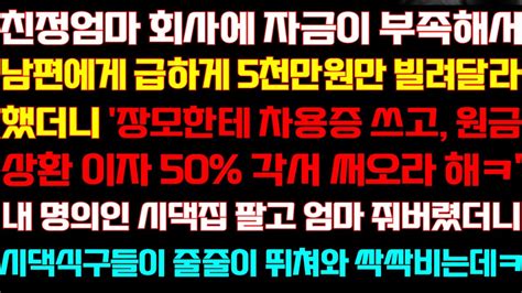 반전 신청사연 친정엄마 회사자금이 부족해서 남편에게 급하게 5천만원 도와달라 했더니 차용증 쓰라는데 참교육하는데실화사연사연낭독라디오드라마신청사연 라디오사이다썰