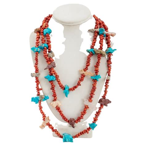 Zuni Native American Coral Carved Fetish Necklace For Sale At 1stdibs