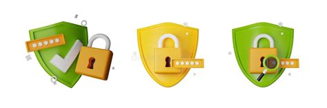 3d Secure Shield Icon Set Authentication Lock Password Render Kit Secret Personal Data