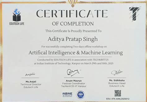 Ai Machinelearning Techkriti25 Iitkanpur Edutechlife Aditya Pratap Singh