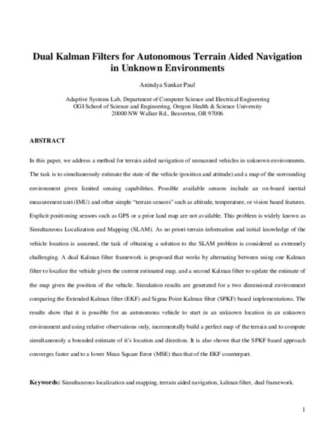 Pdf Dual Kalman Filters For Autonomous Terrain Aided Navigation In