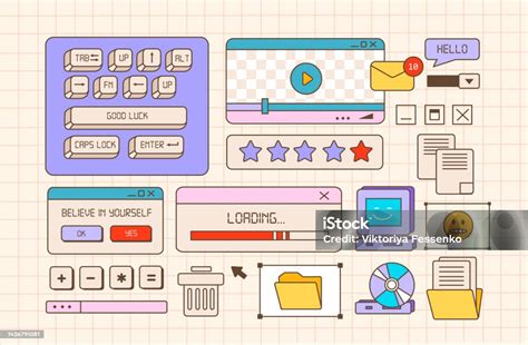 8090 년대의 증기파 스타일의 브라우저 창 메시지 창 및 팝업 사용자 인터페이스 요소가 있는 데스크톱 Pc입니다 오래된 사용자 인터페이스와 키보드 벡터 일러스트 레이 션