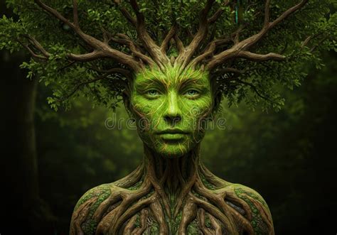 Person Merged Ancient Tree Circulatory System Bark Skin Portrait Stock Illustration