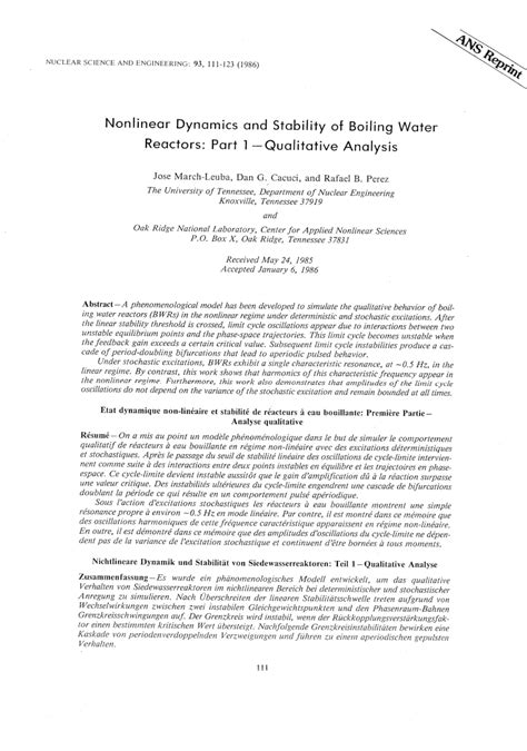 PDF Nonlinear Dynamics And Stability Of Boiling Water Reactors Part Qualitative Analysis