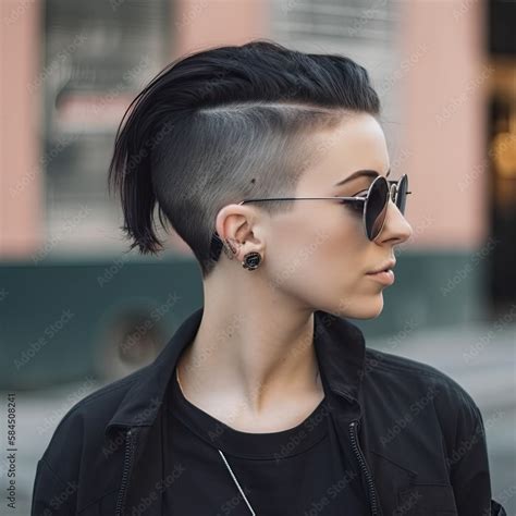 Side Portrait Of A White Woman With Sidecut Undercut Haircut Black