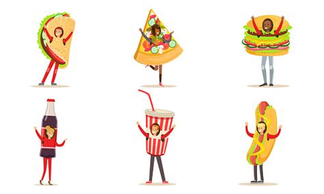 흰색 배경에 고립 된 메뉴 또는 배너 벡터 일러스트 레이션을위한 패스트 푸드 및 간식 의상을 입은 사람들 캐릭터 의상에 대한