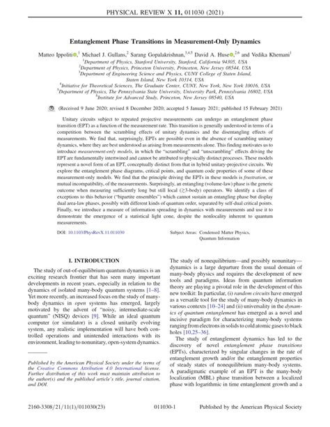 Pdf Entanglement Phase Transitions In Measurement Only Dynamics