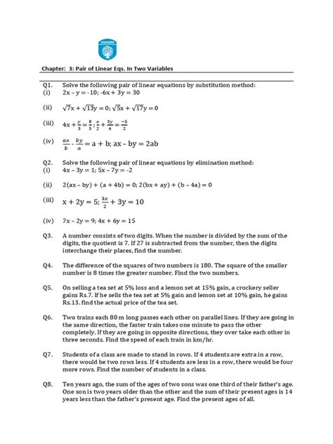 Linear Equation In Two Variables Ws Pdf Equations Mathematical