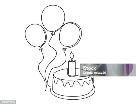 생일 케이크와 풍선의 연속 선 그리기 달콤한 크림과 촛불 케이크 흰색 배경에 격리된 생일 축하 개념 손으로 그린 디자인 벡터