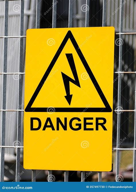 Yellow Sign With Word Danger On Fence Of Ultra High Voltage Power Plant With Lightning Symbol