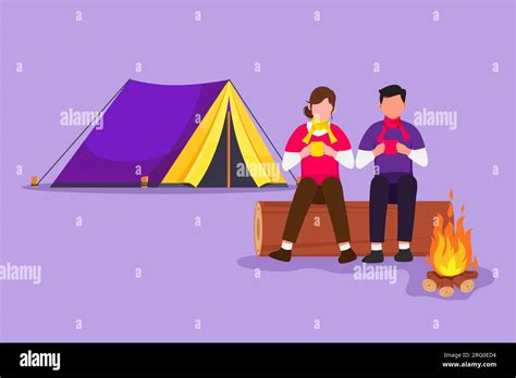 Cartoon Flat Style Drawing Romantic Couple Hikers Sitting On Log Of