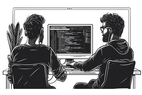 Two Programmers Sitting In Front Of An Open Laptop Premium Ai