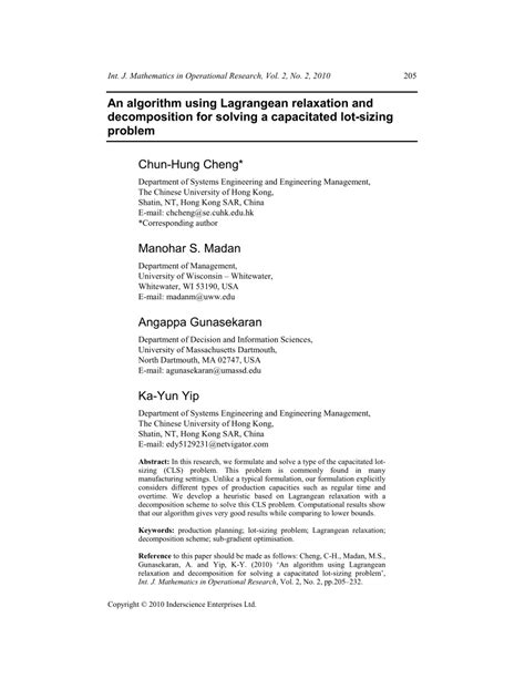 Pdf An Algorithm Using Lagrangean Relaxation And Decomposition For Solving A Capacitated Lot