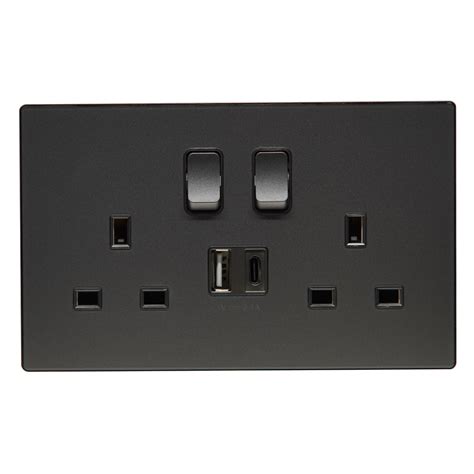 Domus Twin 13A Socket With Double USB A C Charger Brushed Silver T C