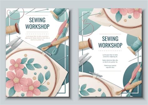 Premium Vector Flyer Design Set For Sewing Atelier Workshop Poster With Hoop Thread Scissors