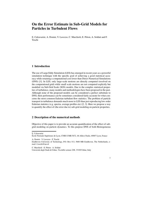Pdf On The Error Estimate In Sub Grid Models For Particles In Turbulent Flows