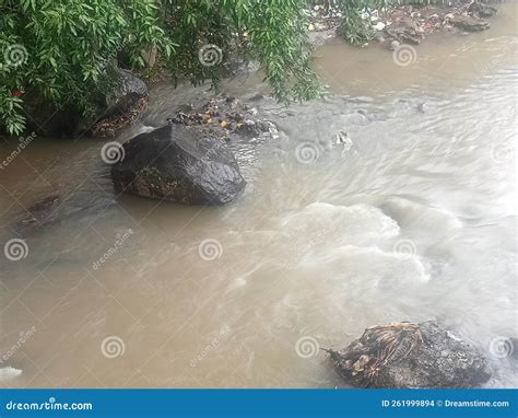 Old River With Turbid Water Flowing Alongside Are Hard Rocks Stock Image