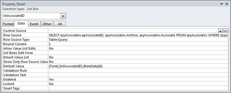 Set Default Value On List Box Access Entials