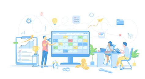 시간 관리 계획 일정 근무 시간 조직 비즈니스 팀은 성공 프로젝트를위한 우선 순위 작업을 분산했습니다 벡터 일러스트 레이 션