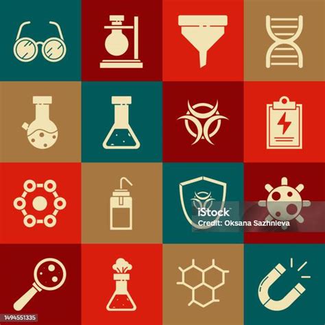 자석 박테리아 체크리스트가 있는 실험실 클립보드 깔때기 필터 시험관 및 플라스크 화학 물질 안경 및 생물학적 위험 기호 아이콘을 설정합니다 벡터 건강 검진에 대한 스톡 벡터