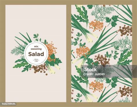 라벨 커버와 샐러드 올스파이스 스컬리온 Fenugreek 딜 파슬리 Arugula 겨자를위한 원활한 패턴 조미료 플랫 스타일