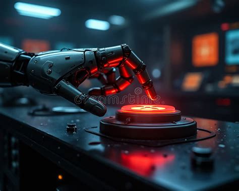 A Robotic Hand Hovers Over A Bright Red Button Stock Illustration