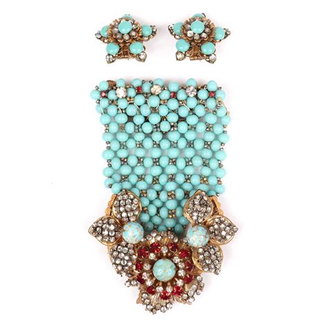 Lot Miriam Haskell 2pc Woven Turquoise Bead Brooch With Pave Floral