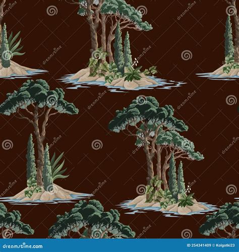 Seamless Pattern With Pine Trees Bushes And Plant Vector Stock Vector Illustration Of