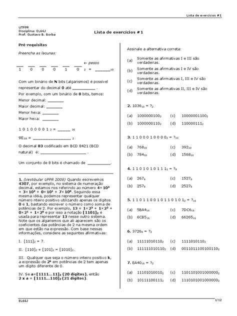 El66j Exercicios Lista1 Pdf Codificação Binária Decimal Codificações