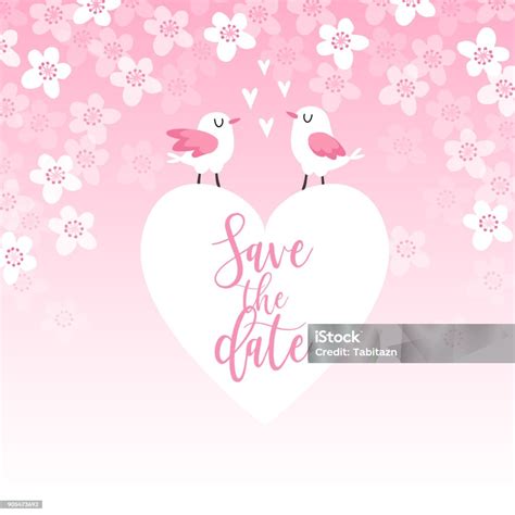 귀여운 봄 인사말 카드 웨딩 초대장 조류 마음과 벚꽃 꽃의 부부와 함께 사랑 개념입니다 분홍색 벡터 일러스트 배경 0명에 대한 스톡 벡터 아트 및 기타 이미지 Istock