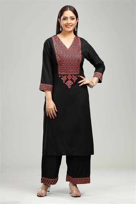 Black Rayon Straight Embroidered Kurta Pant Co Ord Set Cotton Culture