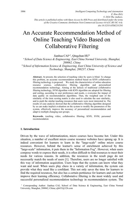 Pdf An Accurate Recommendation Method Of Online Teaching Video Based On Collaborative Filtering