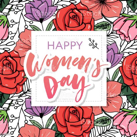 사각형 배경에 꽃과 마음을 가진 여자의 일 텍스트 디자인 벡터 일러스트입니다 분홍색 색깔에 여자 S 일 인사말 서 예 디자인 포스터 카드 배너 템플릿입니다 0명에 대한 스톡