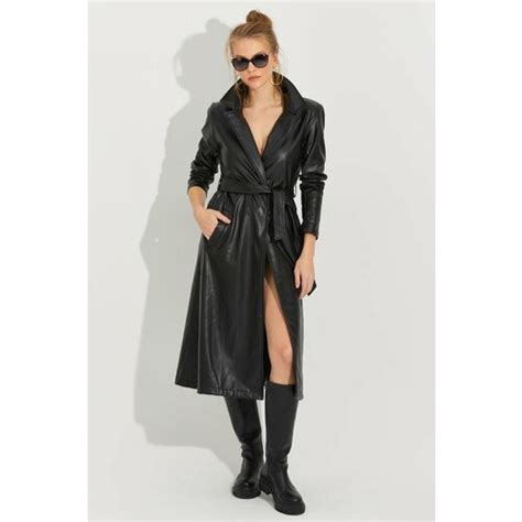 Cool Sexy Women S Black Lined Faux Leather Trench Coat EPonuda Com